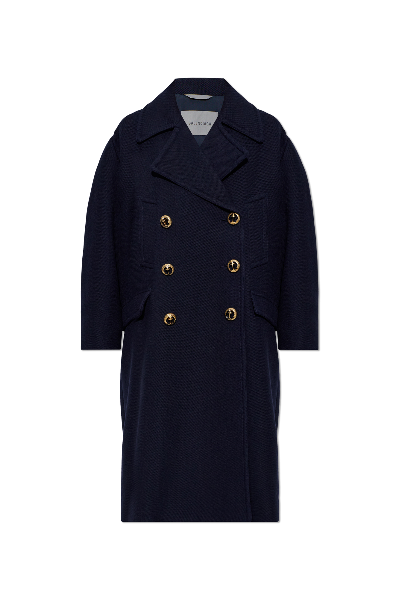 BALENCIAGA Balenciaga Navy Blue Wool Double-Breasted Coat with Anchor Detail